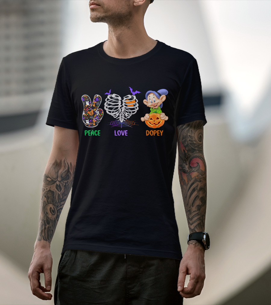 Peace Love Dopey Halloween Skeleton Pumpkin T-Shirt