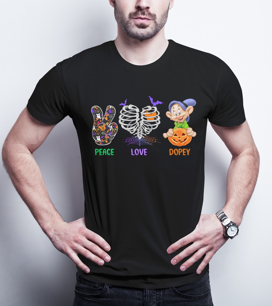 Peace Love Dopey Halloween Skeleton Pumpkin T-Shirt