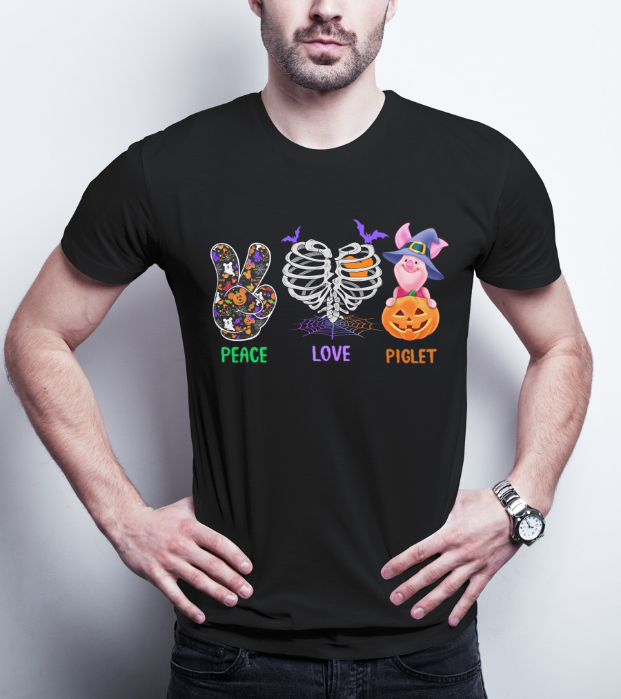Peace Love Piglet Halloween Theme Pumpkin Skeleton Bats T-Shirt