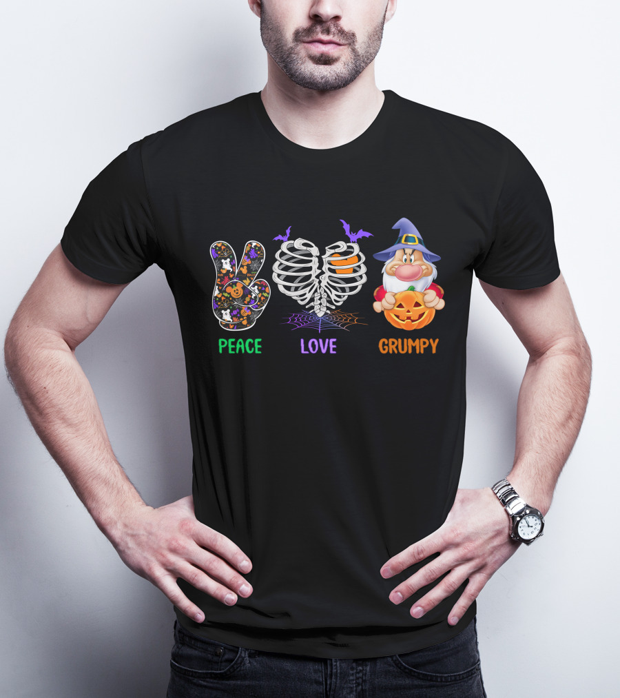 Peace Love Grumpy Halloween Skeleton Gnome With Pumpkin And Bat Hat T-Shirt