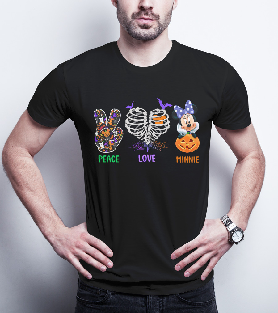Peace Love Minnie Halloween Skeleton Pumpkin T-Shirt