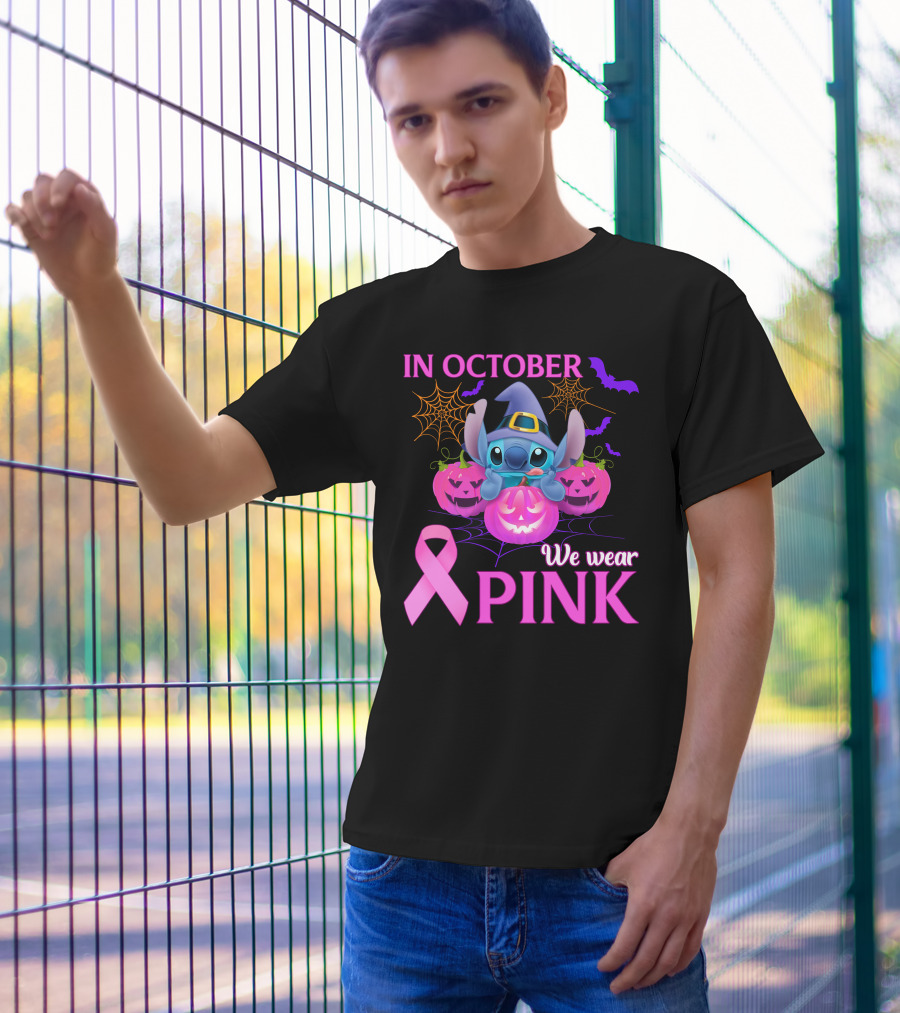 In October We Wear Pink Stitch Halloween Breast Cancer Awareness T-Shirt
