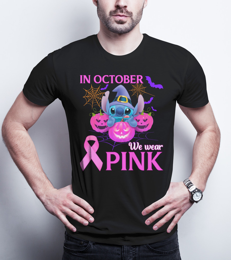 In October We Wear Pink Stitch Halloween Breast Cancer Awareness T-Shirt