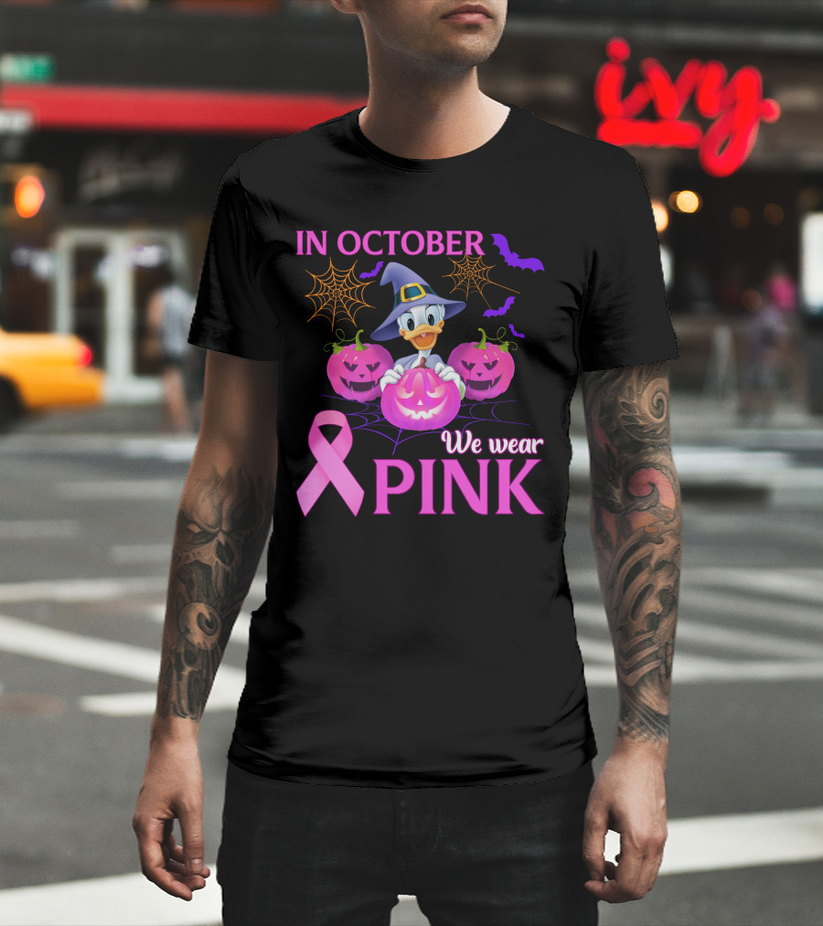In October We Wear Pink Daisy D Breast Cancer Awareness Halloween Theme T-Shirt
