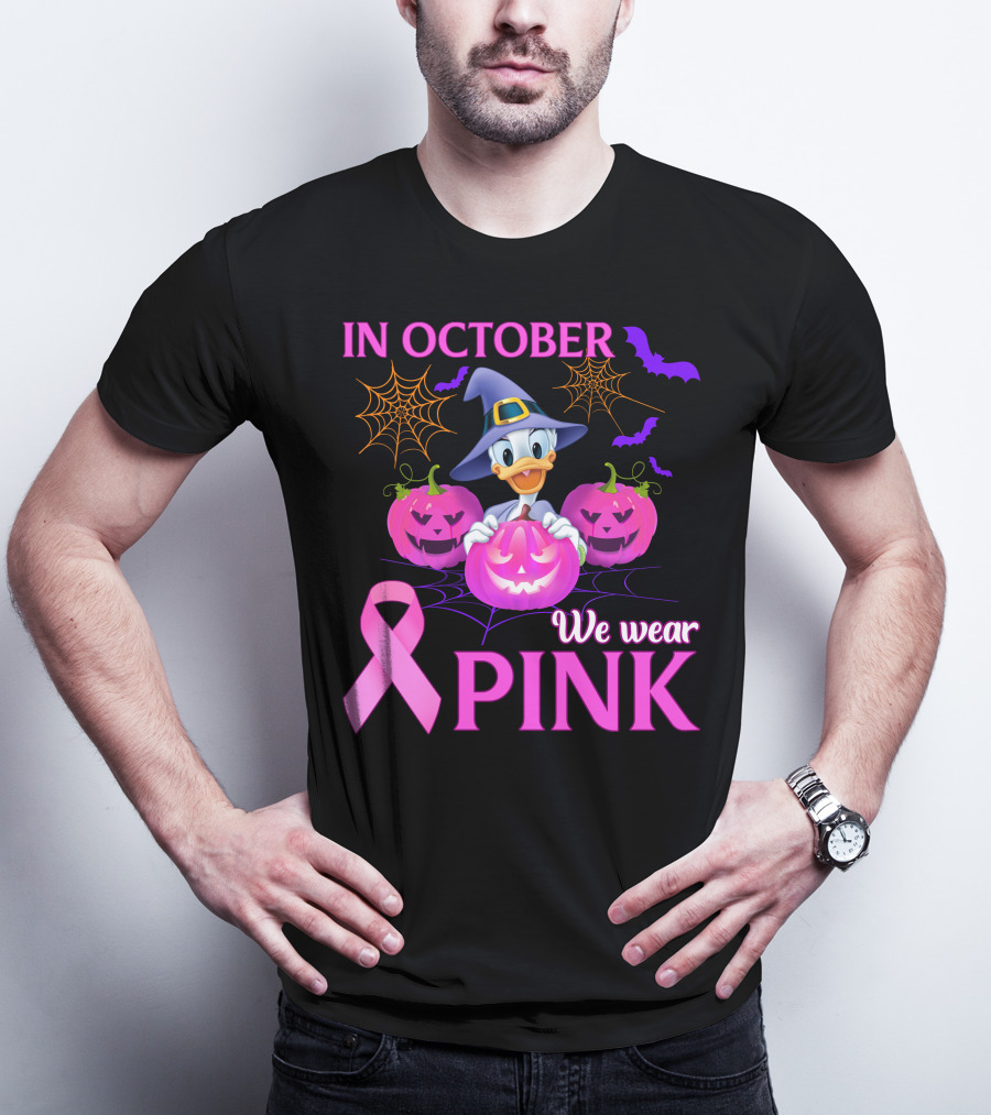 In October We Wear Pink Daisy D Breast Cancer Awareness Halloween Theme T-Shirt