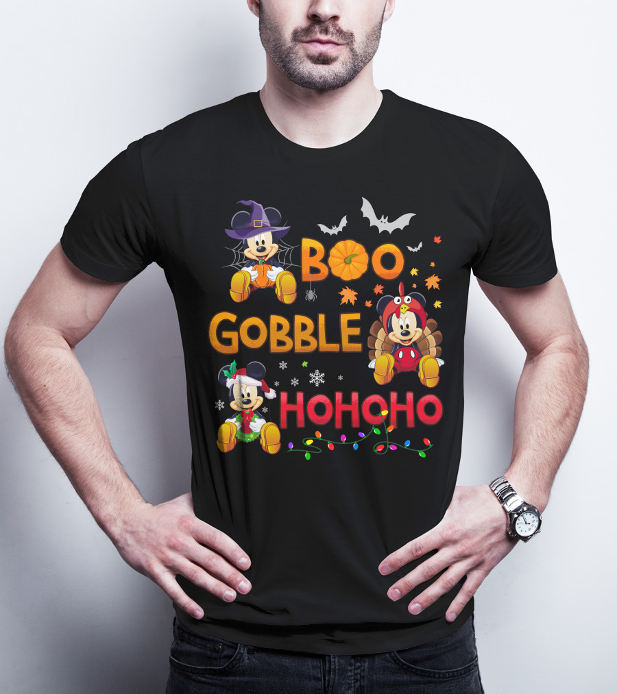 Boo Gobble Hohoho 2 Halloween Thanksgiving Christmas Mickey Minnie T-Shirt