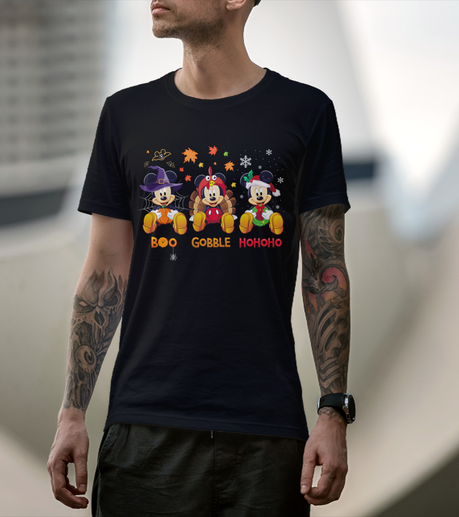 Boo Gobble Hohoho Mickey Mouse Halloween Thanksgiving Christmas Theme T-Shirt