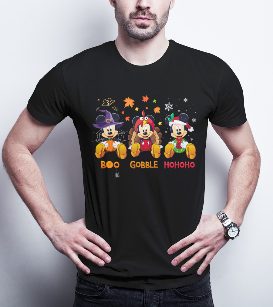 Boo Gobble Hohoho Mickey Mouse Halloween Thanksgiving Christmas Theme T-Shirt