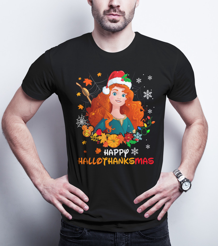 Merida Happy Hallothanksmas With Leaves And Snowflakes T-Shirt