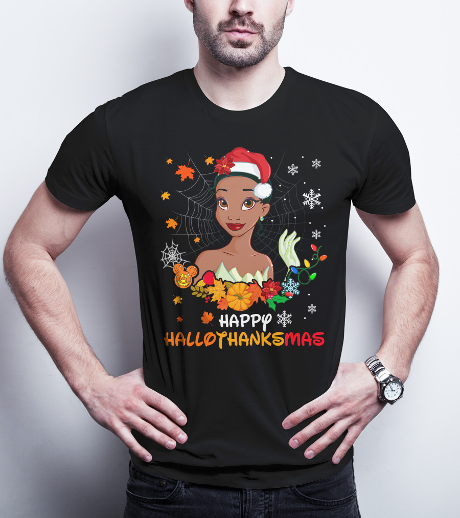 Tiana Happy Hallowthanksmas Snowflakes Spider Web Leaves Flowers T-Shirt