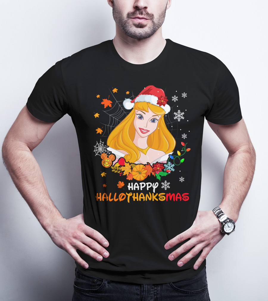 Happy Hallothanksmas Aurora Santa Hat Snowflakes Leaves T-Shirt
