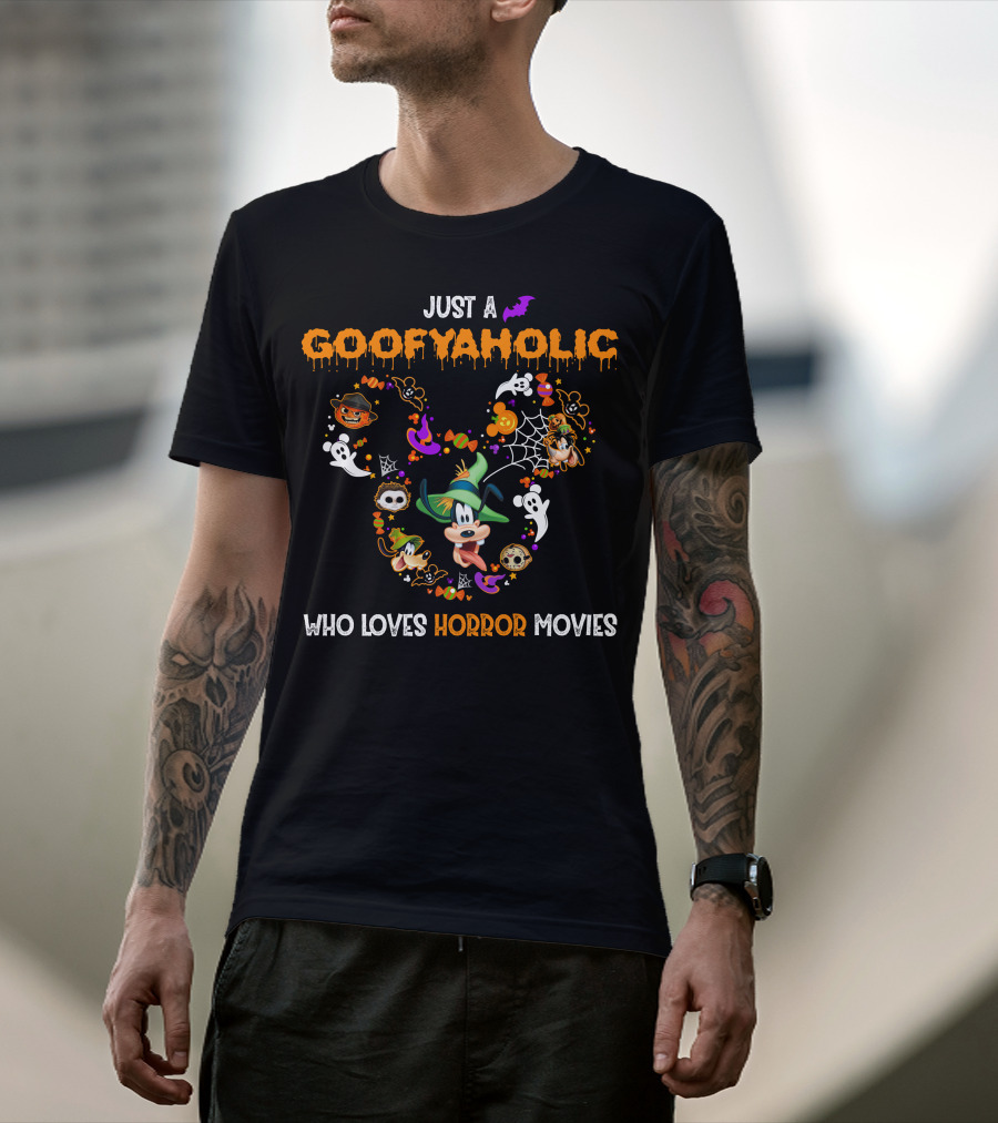 Just A Goofyaholic Who Loves Horror Movies Halloween Theme With Goofy Icons T-Shirt