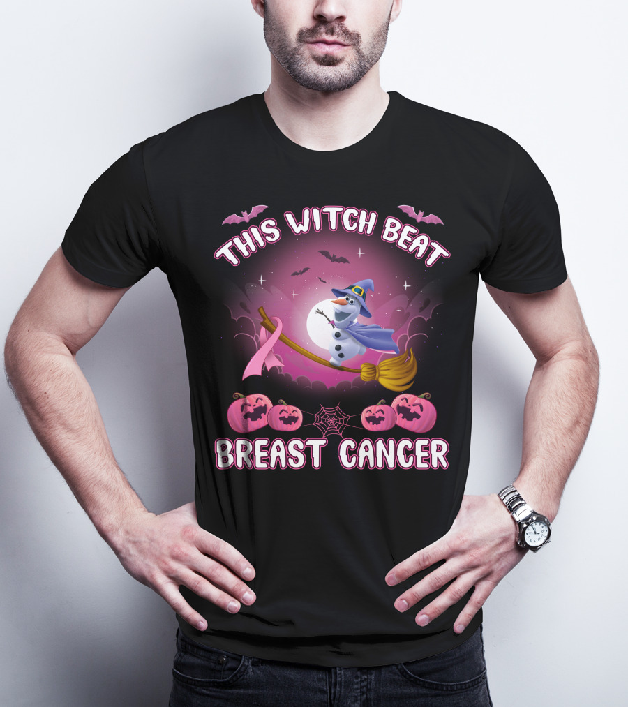 This Witch Beat Breast Cancer Olaf Broomstick Pink Ribbon Halloween Pumpkin Bat Moon T-Shirt