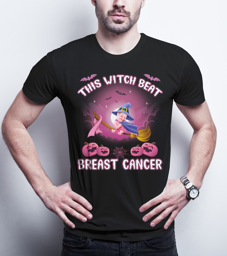 This Witch Beat Breast Cancer Piglet Halloween Pumpkins Broomstick Moon Bats T-Shirt