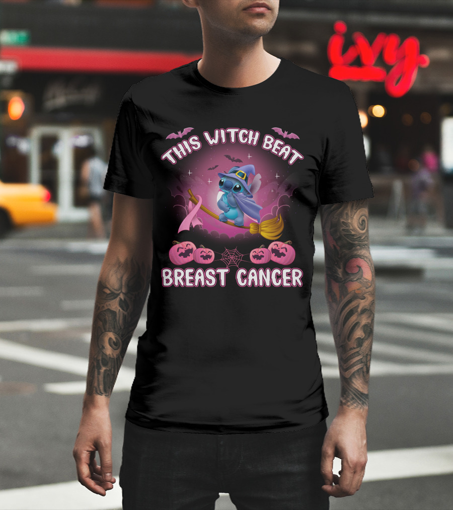 This Witch Beat Breast Cancer Stitch Riding Broom With Pumpkins And Bats T-Shirt