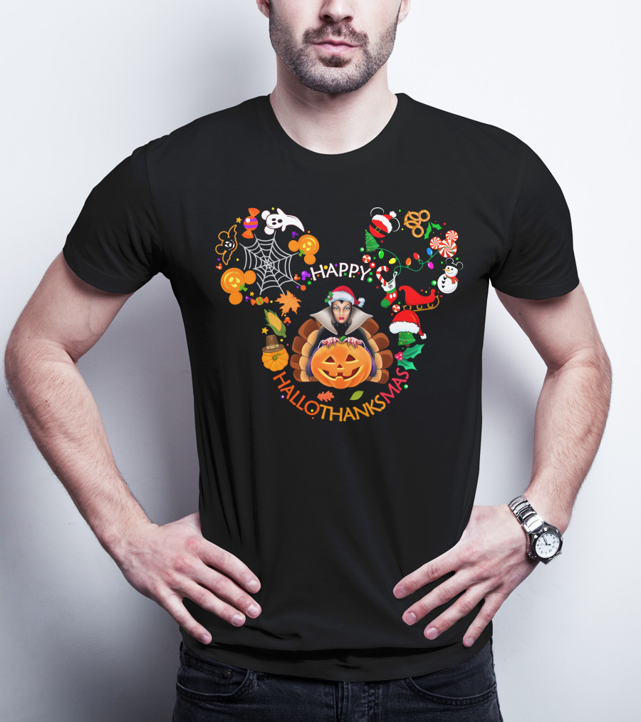 Happy Hallothanksmas Evil Queen Pumpkin Santa Hat T-Shirt