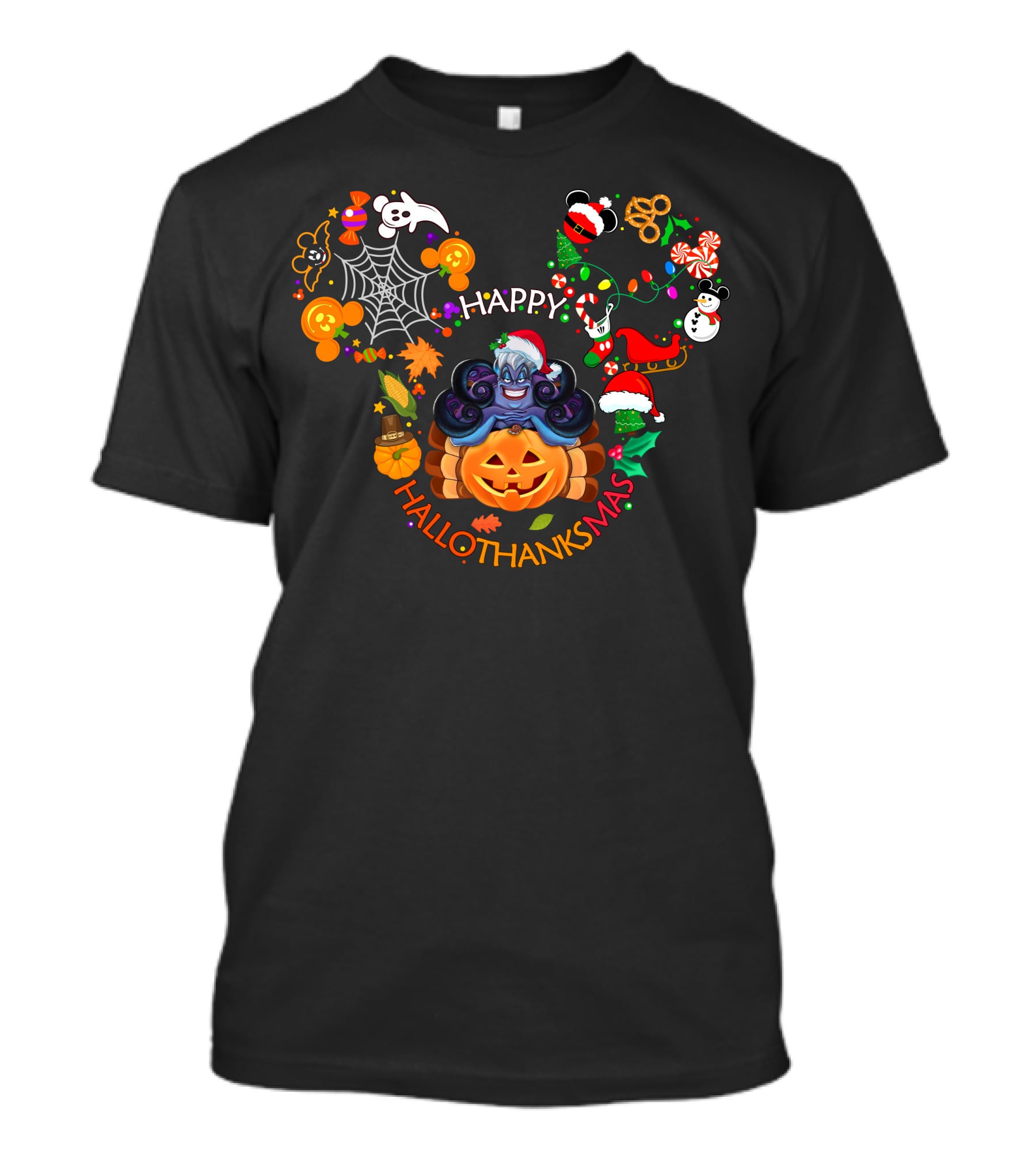 Happy Hallothanksmas Ursula Disney Pumpkin Halloween Thanksgiving Christmas Mickey Mouse T-Shirt