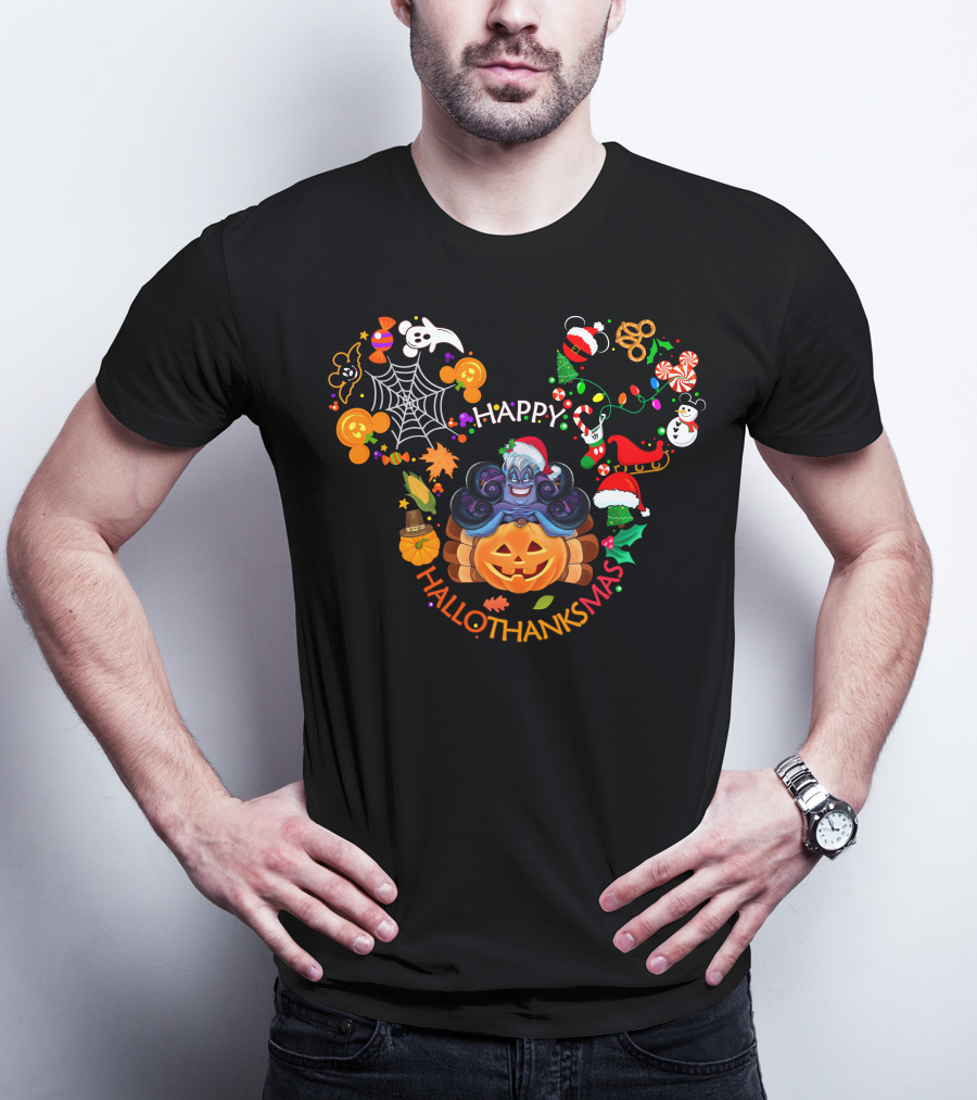 Happy Hallothanksmas Ursula Disney Pumpkin Halloween Thanksgiving Christmas Mickey Mouse T-Shirt