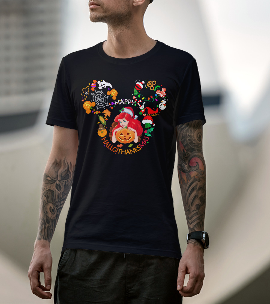 Happy Hallothanksmas Ariel Pumpkin Christmas Halloween Elements T-Shirt