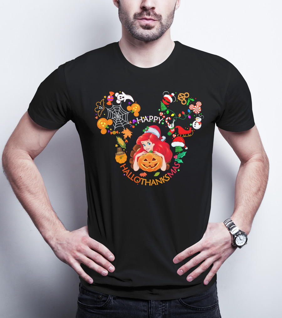 Happy Hallothanksmas Ariel Pumpkin Christmas Halloween Elements T-Shirt