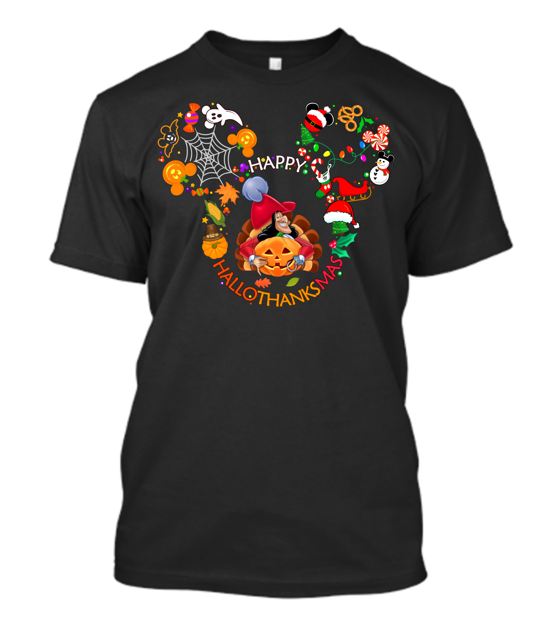 Happy Hallothanksmas Captain Hook Mickey Ears Halloween Thanksgiving Christmas Celebration T-Shirt