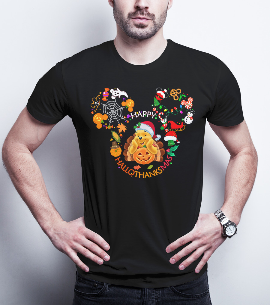 Happy Hallothanksmas Pooh Holiday Celebration T-Shirt