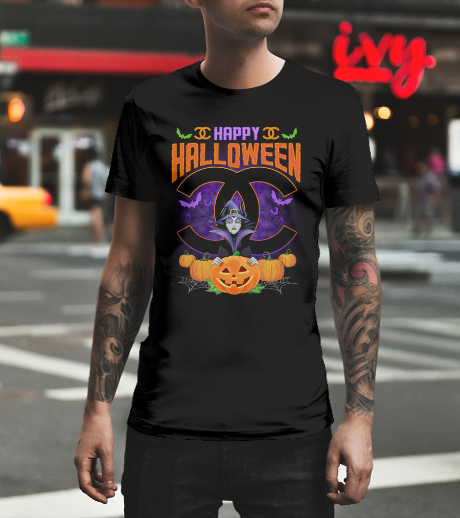 Happy Halloween Maleficent Pumpkins Bats Spiderwebs Double C T-Shirt