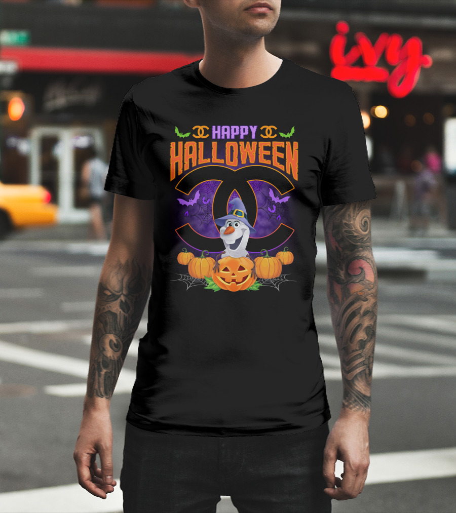 Happy Halloween Olaf Pumpkins Bats Spiders Black T-Shirt