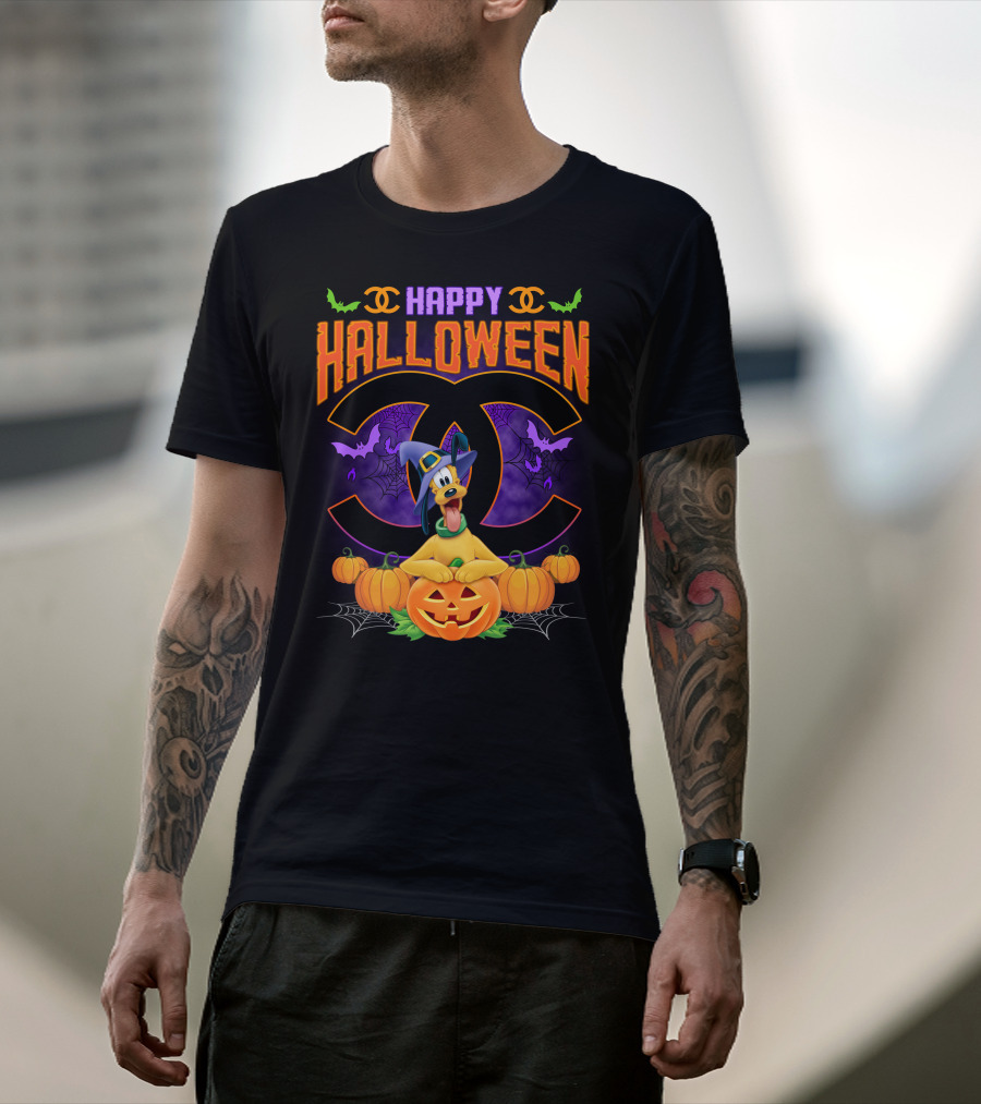 Happy Halloween Pluto Pumpkins Bat Symbols And Spider Webs T-Shirt
