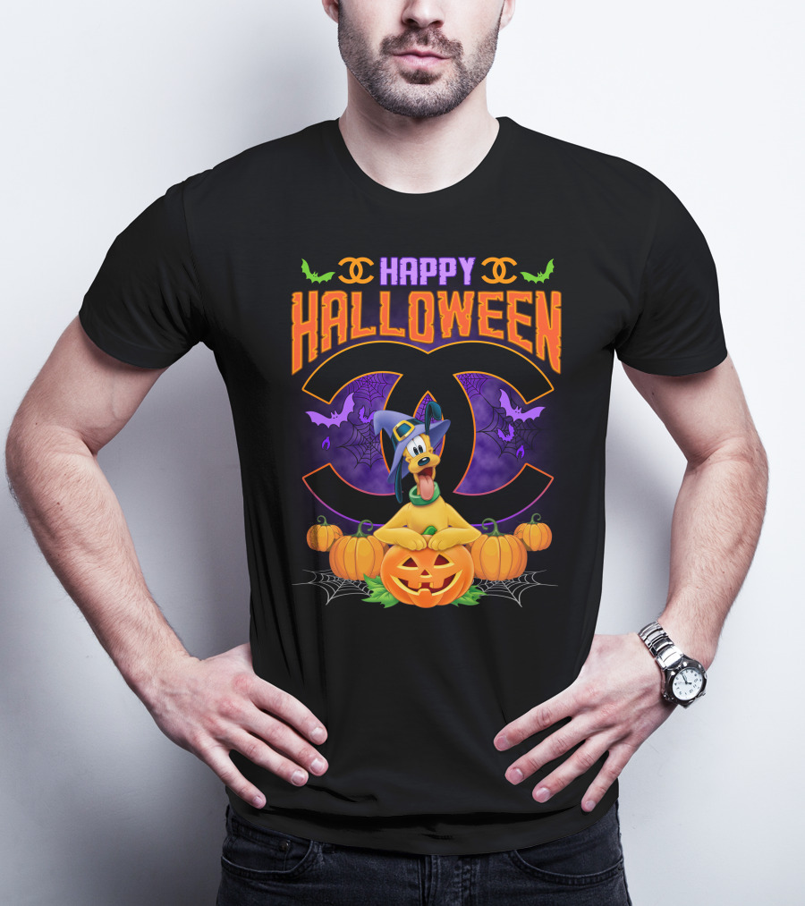 Happy Halloween Pluto Pumpkins Bat Symbols And Spider Webs T-Shirt