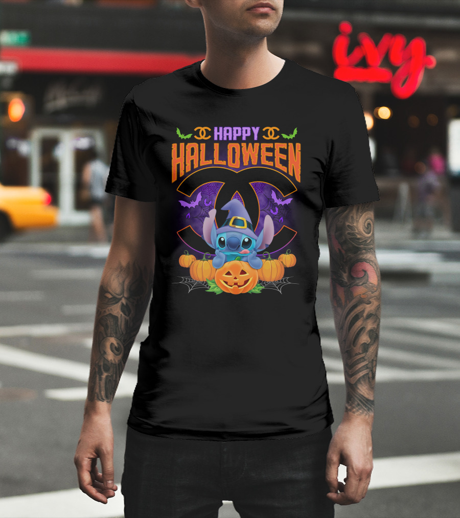 Stitch Happy Halloween Pumpkins And Bats T-Shirt