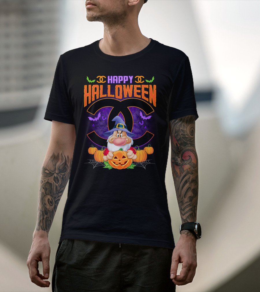Happy Halloween Grumpy Dwarf With Pumpkins And Bat Accents On Chanel Logo Backdrop T-Shirt