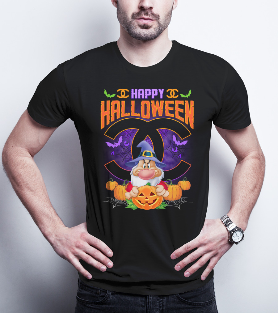 Happy Halloween Grumpy Dwarf With Pumpkins And Bat Accents On Chanel Logo Backdrop T-Shirt