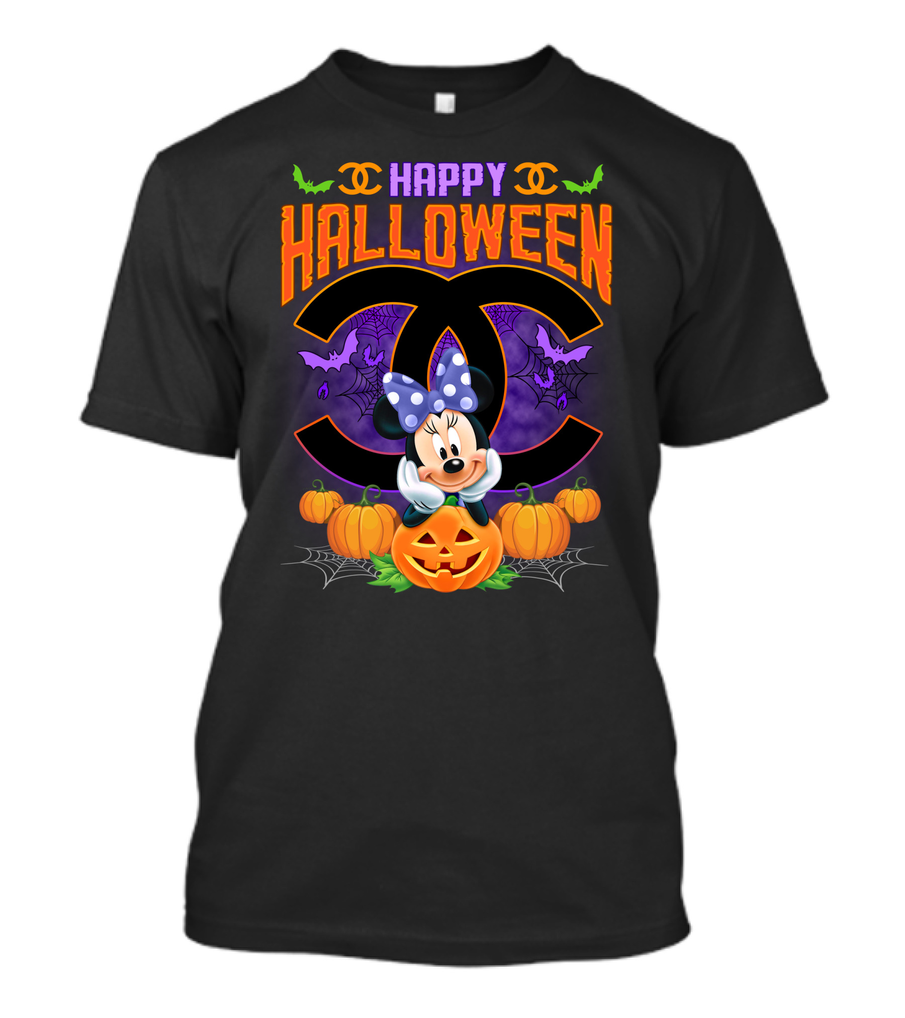 Minnie Happy Halloween Pumpkins Bat Spiderwebs Bow T-Shirt