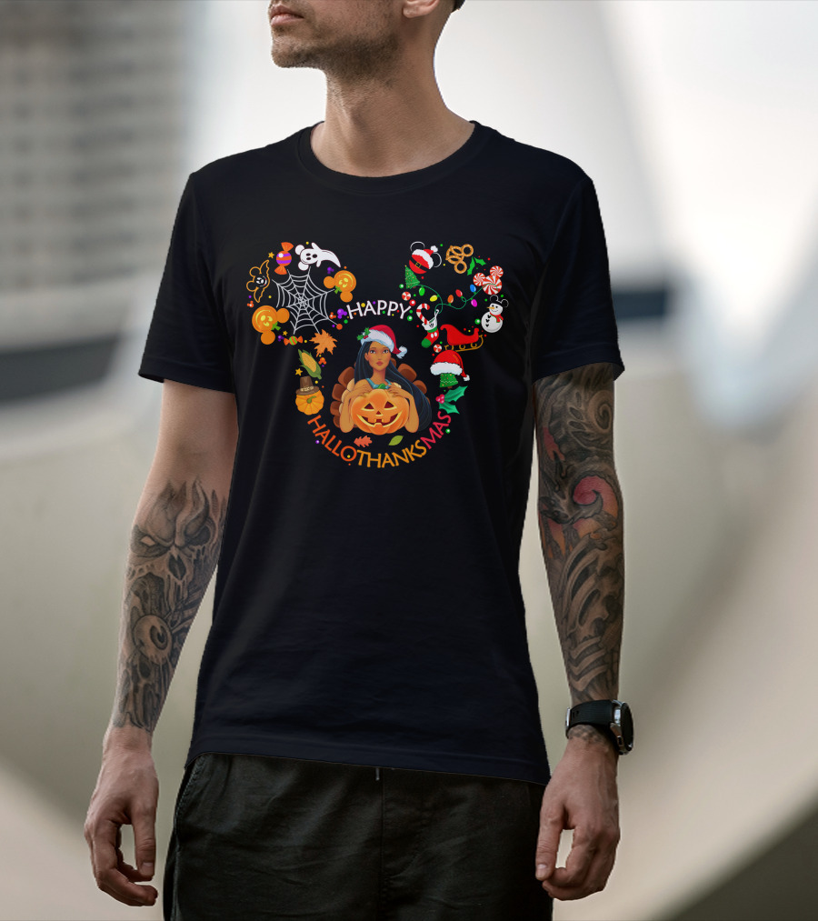 Happy Hallothanksmas Mickey Ear Pumpkin Spiderweb Christmas Elements T-Shirt