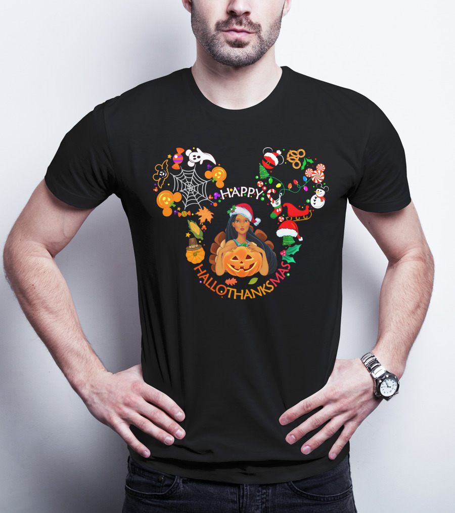 Happy Hallothanksmas Mickey Ear Pumpkin Spiderweb Christmas Elements T-Shirt