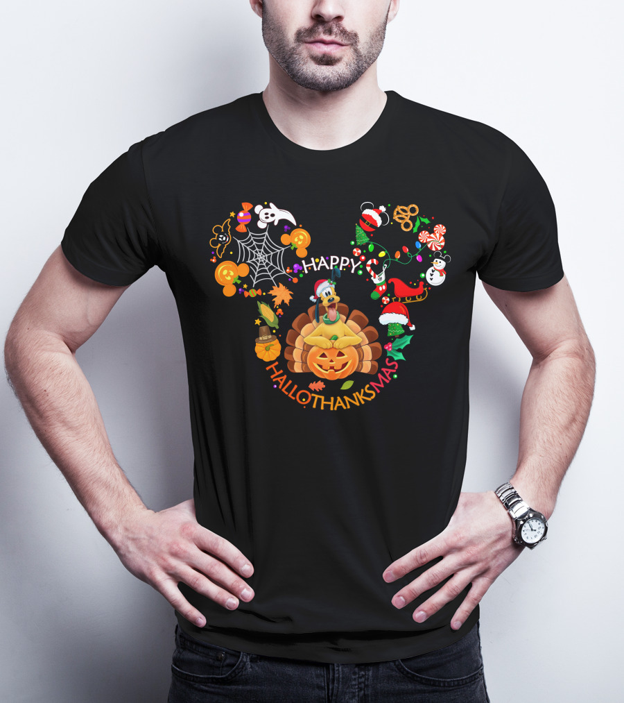 Mickey Mouse Ears Halloween Thanksgiving Christmas Pluto Happy Hallothanksmas T-Shirt