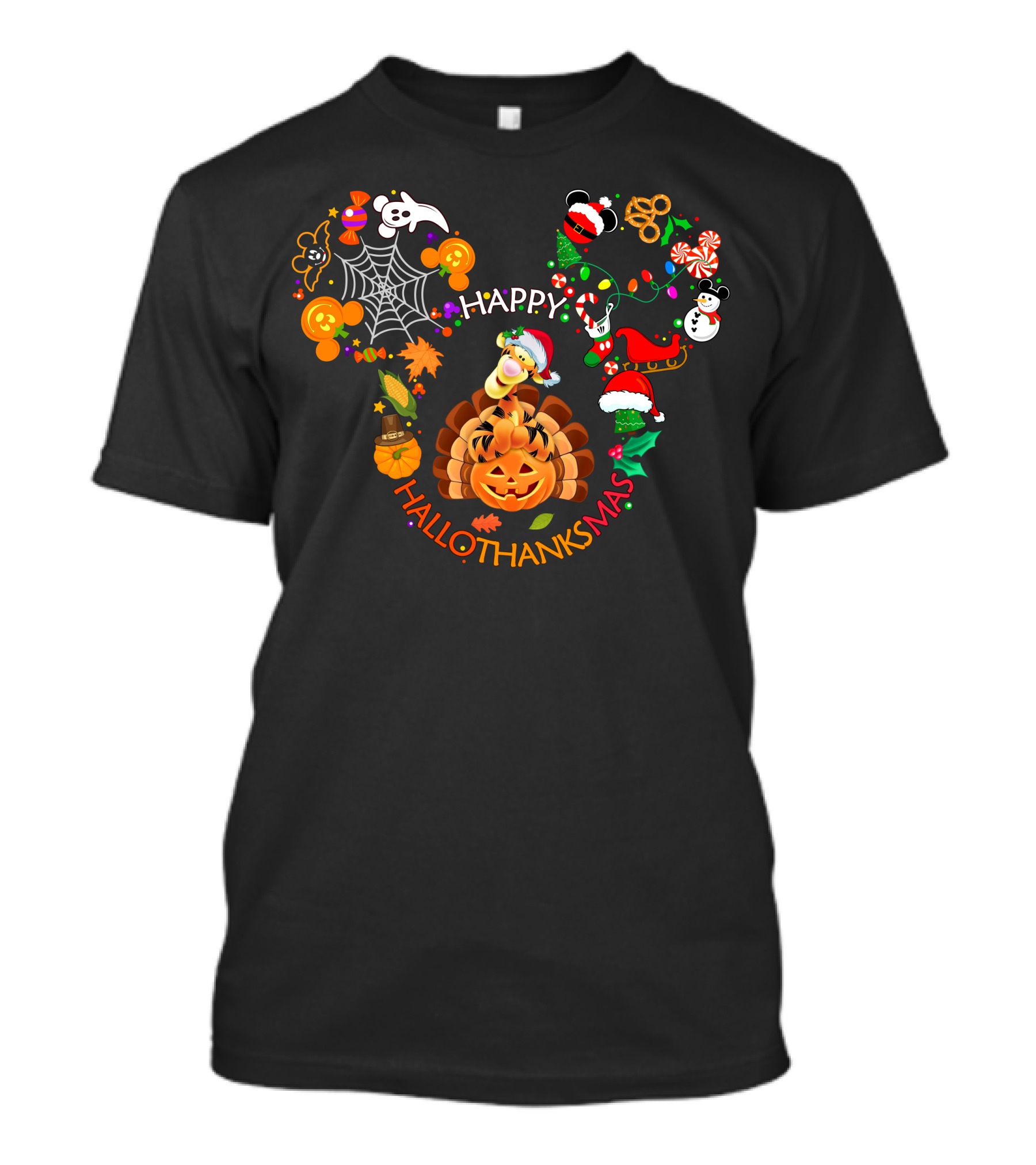 Happy Hallothanksmas Tigger Holiday Turkey Pumpkin Santa Hat T-Shirt