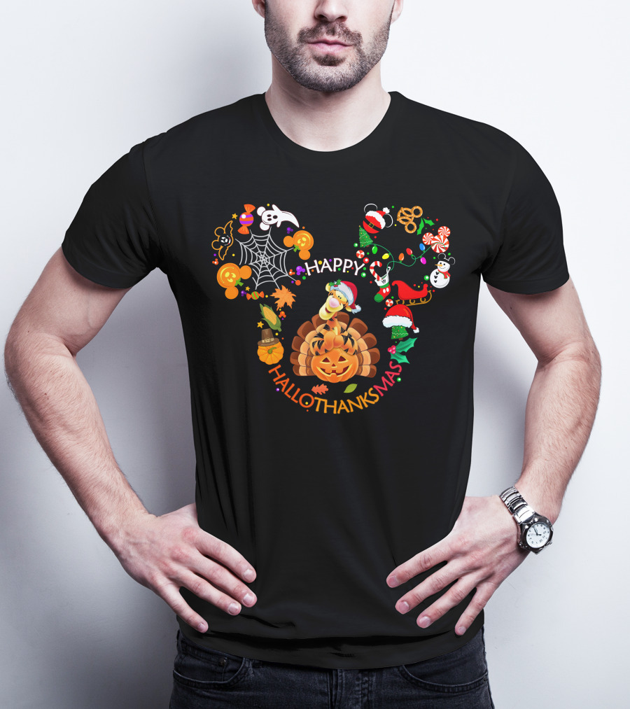 Happy Hallothanksmas Tigger Holiday Turkey Pumpkin Santa Hat T-Shirt