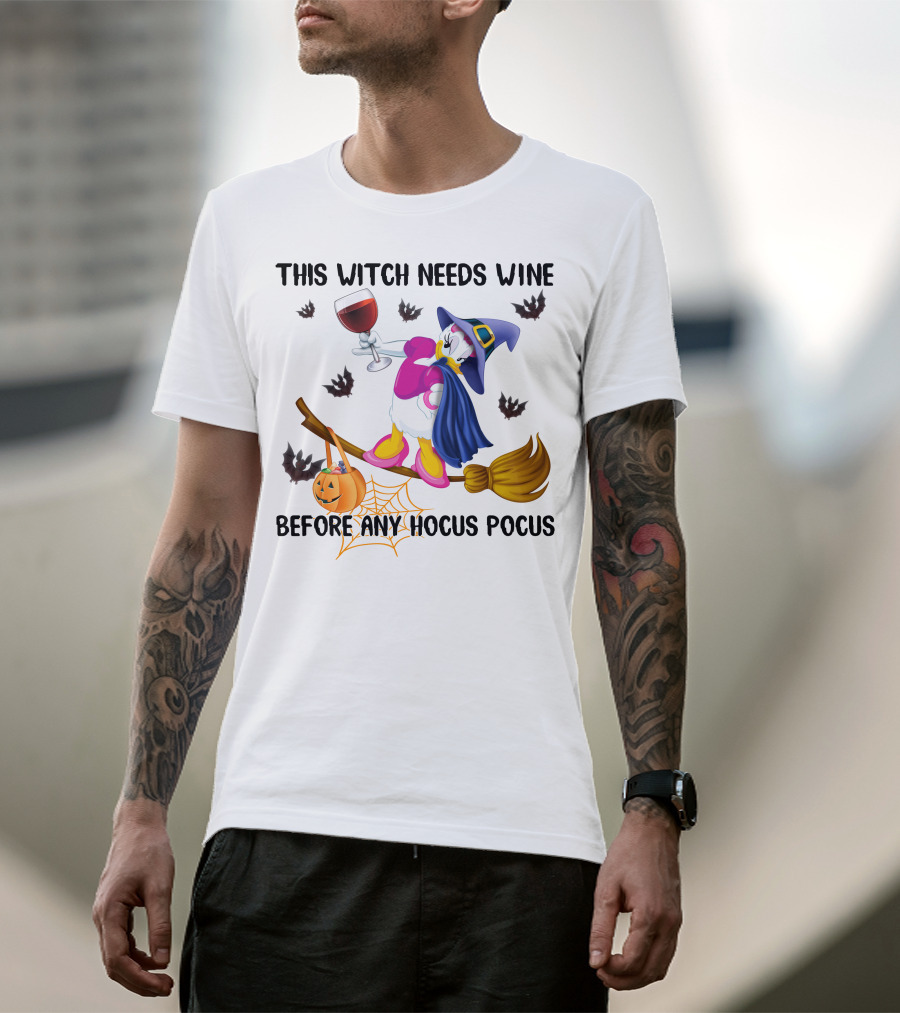 This Witch Needs Wine Before Any Hocus Pocus Daisy Halloween Broomstick Pumpkin Bat Spiderweb T-Shirt