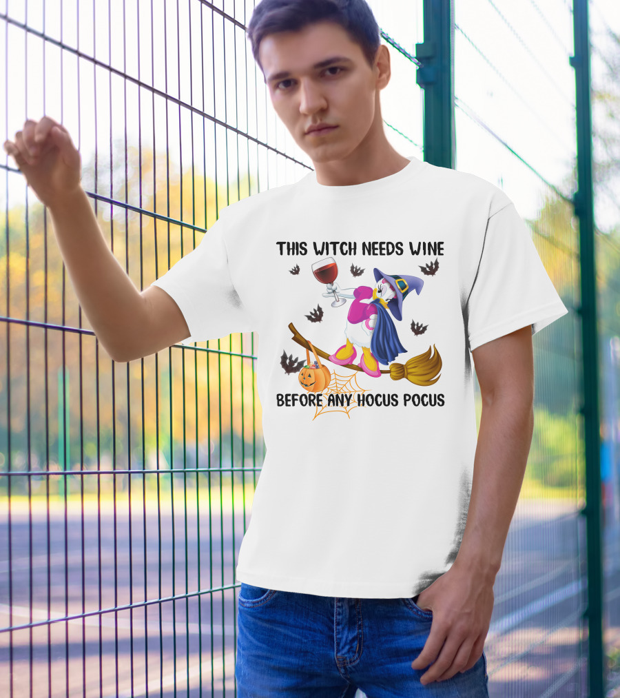 This Witch Needs Wine Before Any Hocus Pocus Daisy Halloween Broomstick Pumpkin Bat Spiderweb T-Shirt
