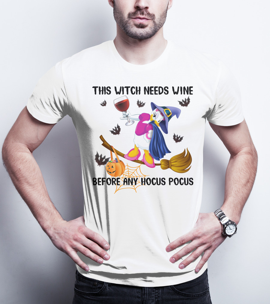 This Witch Needs Wine Before Any Hocus Pocus Daisy Halloween Broomstick Pumpkin Bat Spiderweb T-Shirt