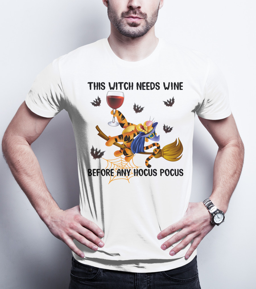 This Witch Needs Wine Before Any Hocus Pocus Tigger Broomstick And Wine Glass Halloween Bat Spiderweb T-Shirt