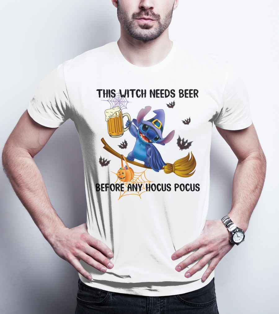 This Witch Needs Beer Before Any Hocus Pocus Stitch Broom Pumpkin Bats T-Shirt