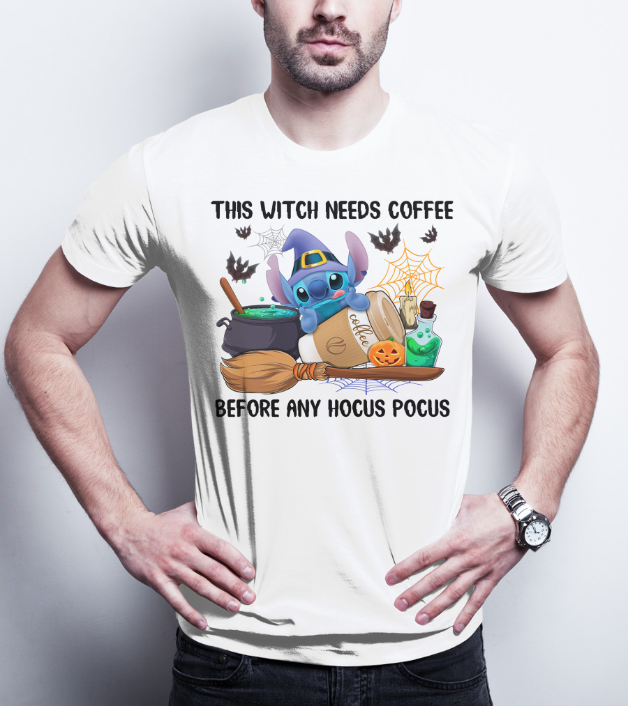 This Witch Needs Coffee Before Any Hocus Pocus Stitch Halloween T-Shirt