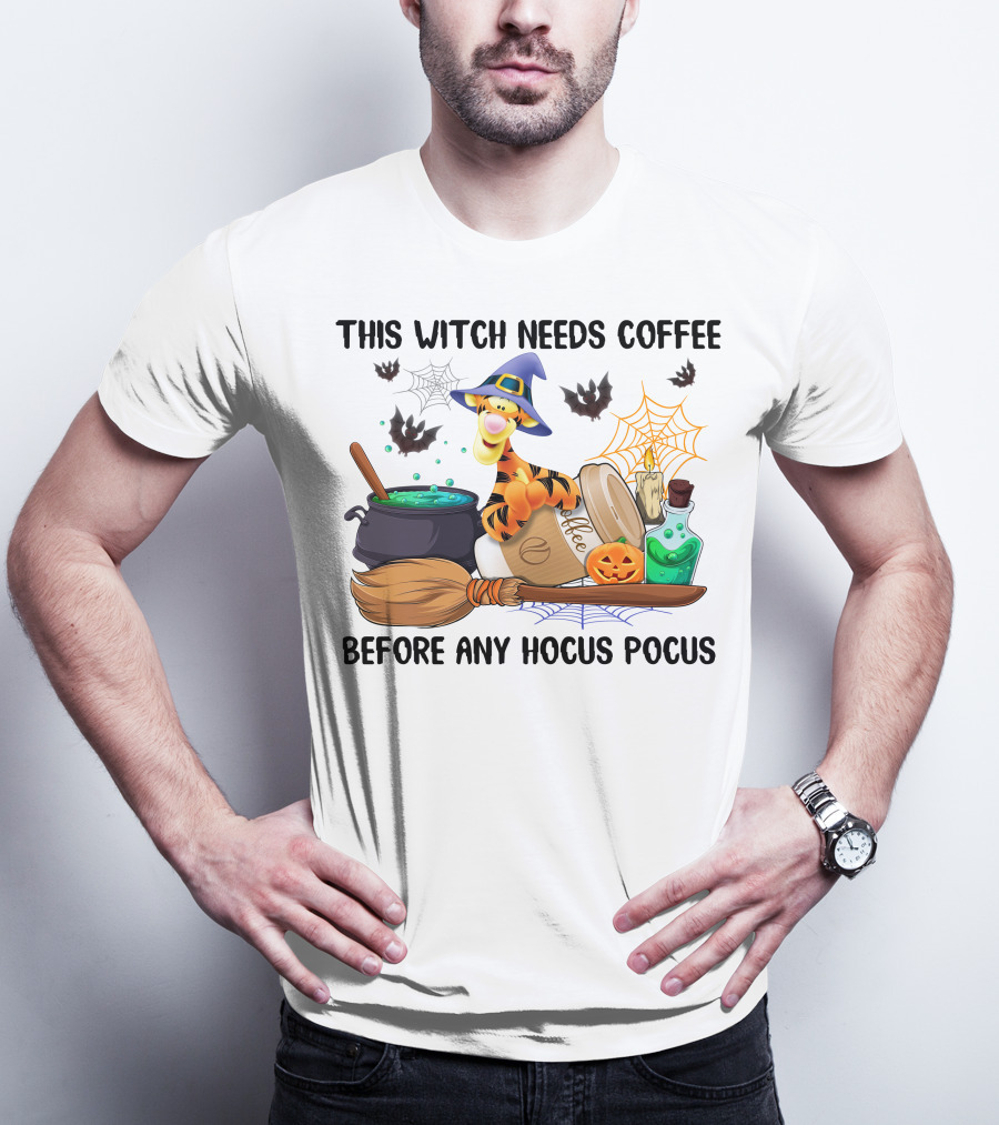 This Witch Needs Coffee Before Any Hocus Pocus Tigger With Broomstick And Pumpkin Batwing Cauldron And Candle T-Shirt