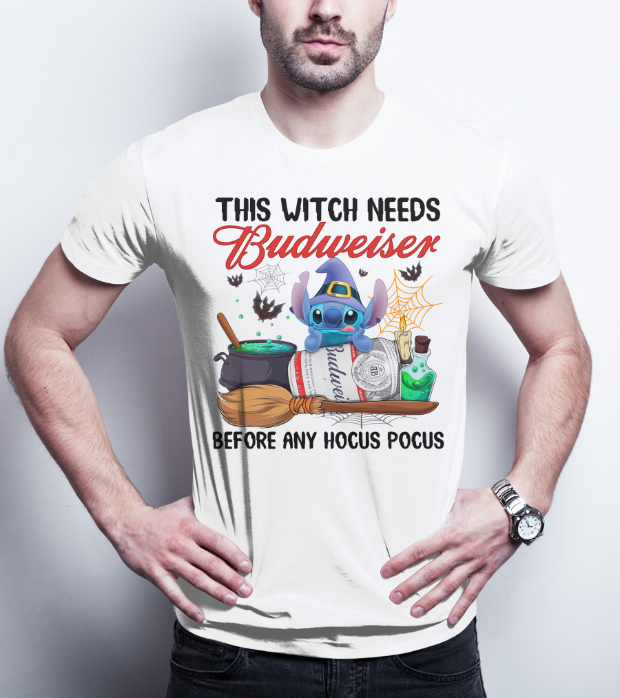 This Witch Needs Budweiser Before Any Hocus Pocus Stitch T-Shirt