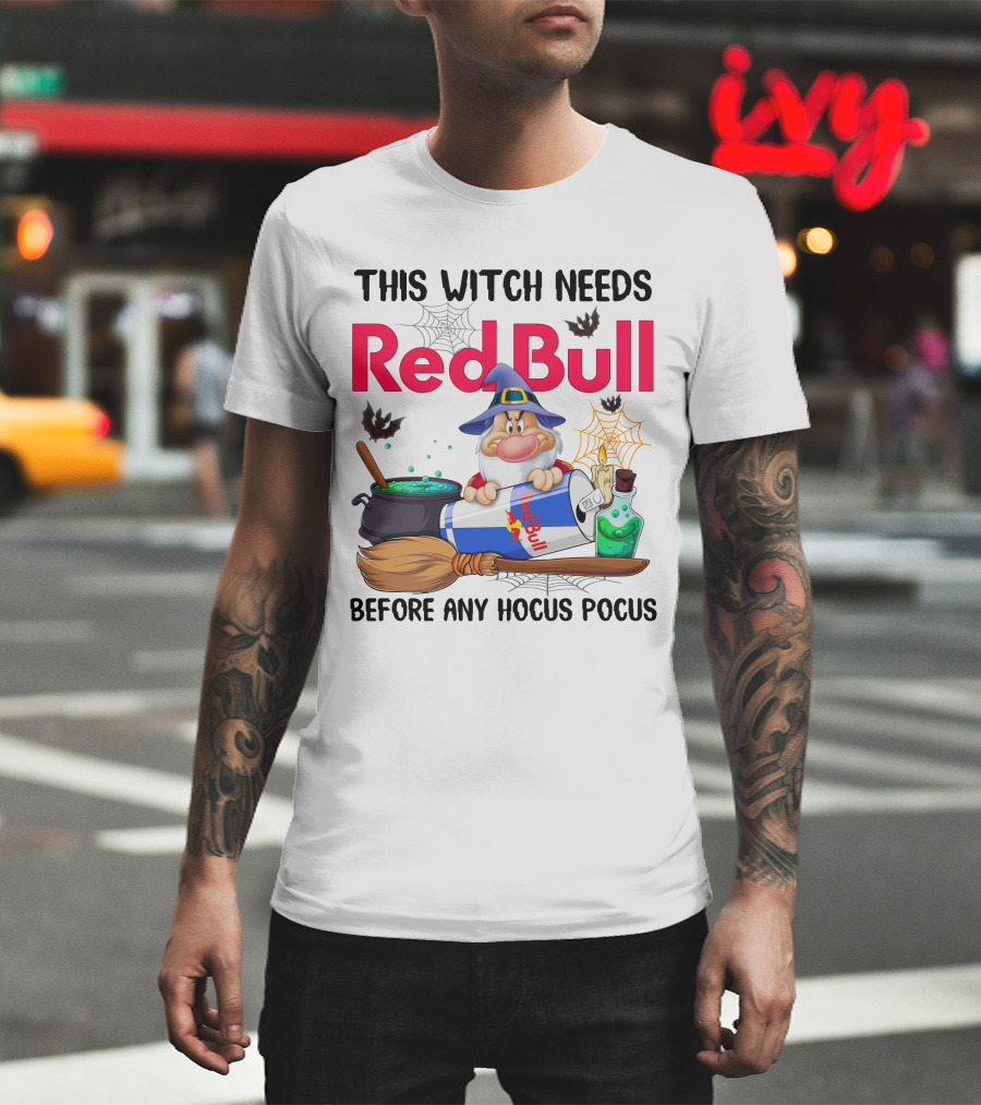This Witch Needs Red Bull Before Any Hocus Pocus Grumpy Wizard And Bats Scene T-Shirt