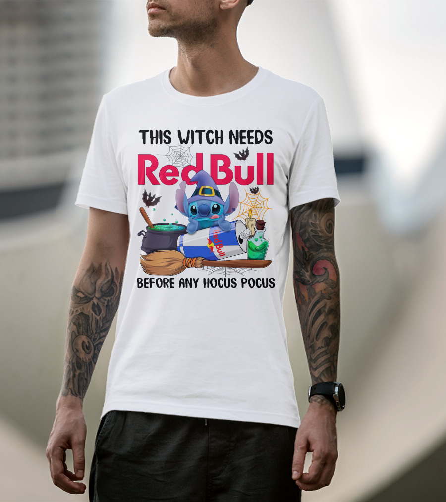 This Witch Needs Red Bull Before Any Hocus Pocus Stitch Wearing Witch Hat With Red Bull Can Cauldron And Spell Book T-Shirt