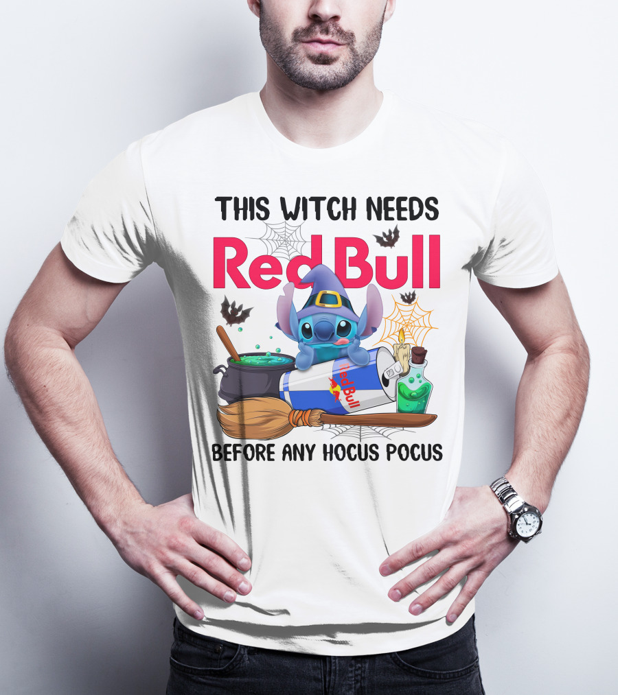 This Witch Needs Red Bull Before Any Hocus Pocus Stitch Wearing Witch Hat With Red Bull Can Cauldron And Spell Book T-Shirt
